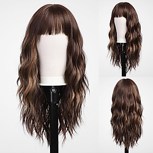 HAIRCUBE Long Brown Highlights Wigs for Women Curly Layered Wig with Bangs Natural Synthetic Hair