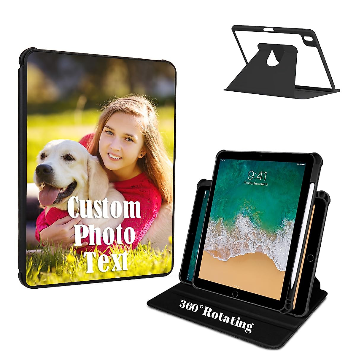Custom 360 Degree Rotate Stand Shockproof Photo Logo Text Personalized Design Case with Clear Back Smart Sleep/Wake Tablet Cover/Pencil Holder for Apple iPad Mini 8.3 Inch(6th Gen 2021)