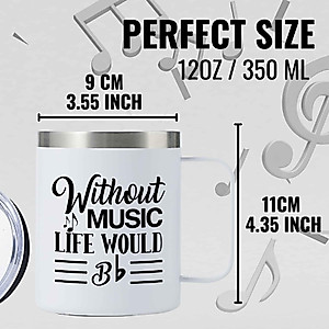 Onebttl Music Lover Gifts For Men, Male, Him - Without Music Life Would B Flat - 12 oz /350 ml Insulated Mugs with Lid - Musician Gifts, Musical Lovers Gift - (White)