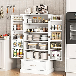 Bigbiglife 47" Kitchen Pantry Cabinet, Kitchen Storage Cabinet with Doors and Adjustable Shelves, Freestanding Buffet Cupboards with Drawer for Kitchen, Living Room and Dining Room, White