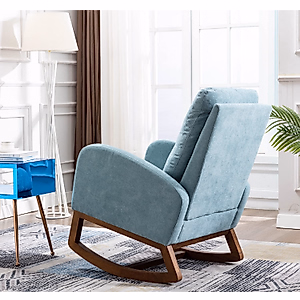 SmartDer Comfy Rocking Chair Nursery, Padded Rocking Chair with A Pocket, Accent Armchair with High Backrest and Solid Wood Base, Modern Lounge Living Room Chair for Nursery, Lake Blue