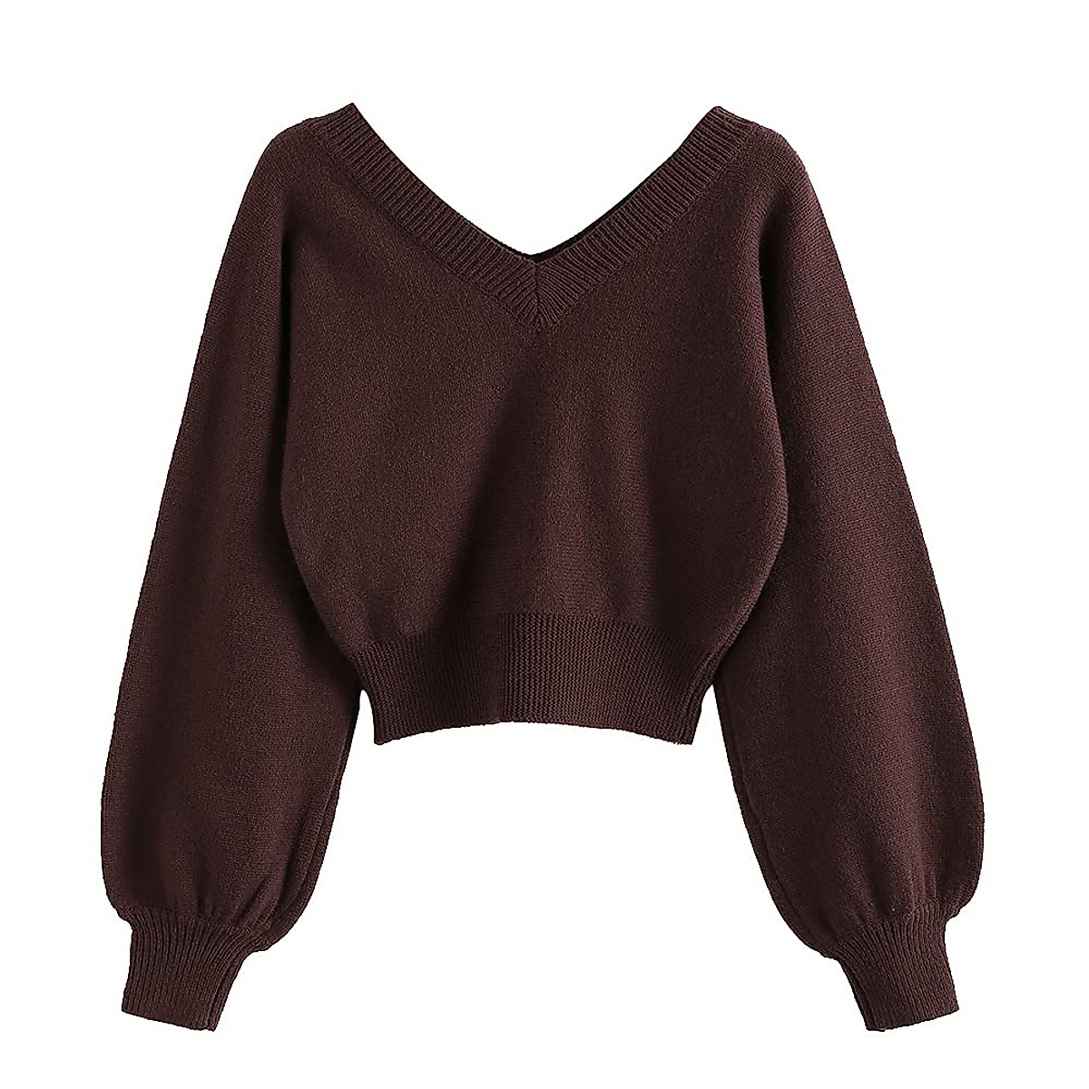 ZAFUL Women's Cropped Sweater V-Neck Long Sleeve Crop Sweater Pullover Jumper Knit Top (1-Deep Coffee, S)
