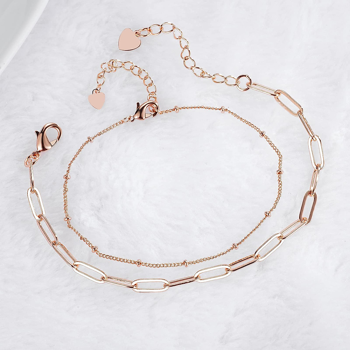 14K Rose Gold Plated Dainty Bracelet Layered Fashion Paperclip Link Bracelets for Women Girls Men(Rose Gold)