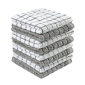 Bumble Premium Cotton Dish Cloths (12" x 12") Grey Check Design | Highly Absorbent | Natural Ring Spun Cotton | Kitchen Dish Towel Set | 380 GSM - 8 Pack