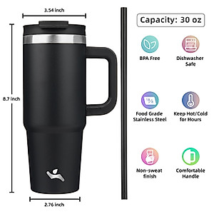 Konokyo 30 oz Tumbler with Handle and 2 Straws,2 in 1 Lid Insulated Water Bottle Stainless Steel Travel Coffee Mug,Black