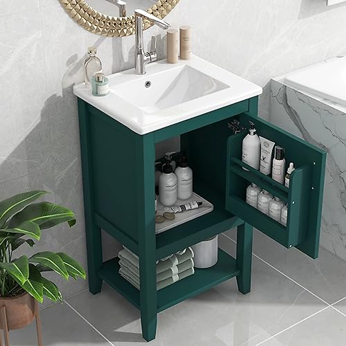 20 Inch Bathroom Vanity with Ceramic Sink, Small Single Sink Vanity Combo with Storage Rack and Open Shelf, Modern Bathroom Cabinet with Sink and Soft Closing Door, Green