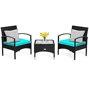Tangkula 3 Pieces Patio Wicker Rattan Furniture Set, Rattan Chair with Coffee Table, High Load Bearing Chair Conversation Sets for Patio Garden Lawn Backyard Pool