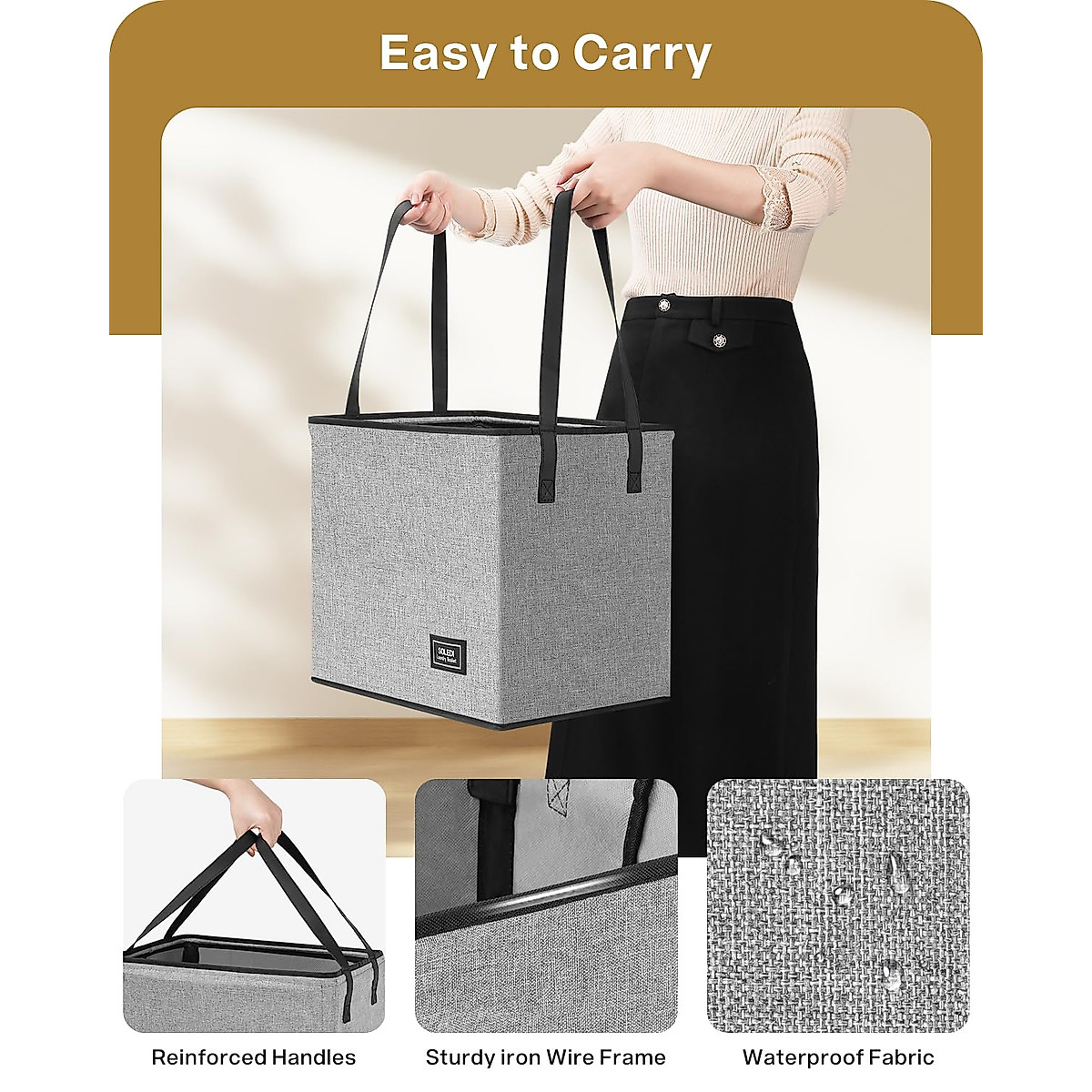 SOLEDI Collapsible Laundry Baskets, 2-Pack 50L (13 Gal) Collapsible Laundry Tote with Extended Easy Carry Handle, Sturdy Iron Wire Frame, Freestanding Clothes Basket for Bathroom, Bedroom, Dorm. Grey