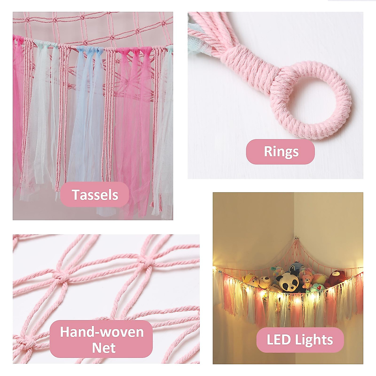 MKO SHUN Stuffed Animal Toys Hammock with LED Light, Stuffed Doll Hanging Corner Holder for Home Storage, Large Hanging Net -Display Teddies for Bedroom, Pink Decor Organizer