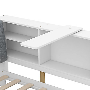 VilroCaz Twin Size Platform Bed with L-Shaped Storage Shelves and Upholstered Headboard, Solid Wood Daybed Frame with 2 Drawers and Rotatable Storage Board, Maximize Space (White-25)