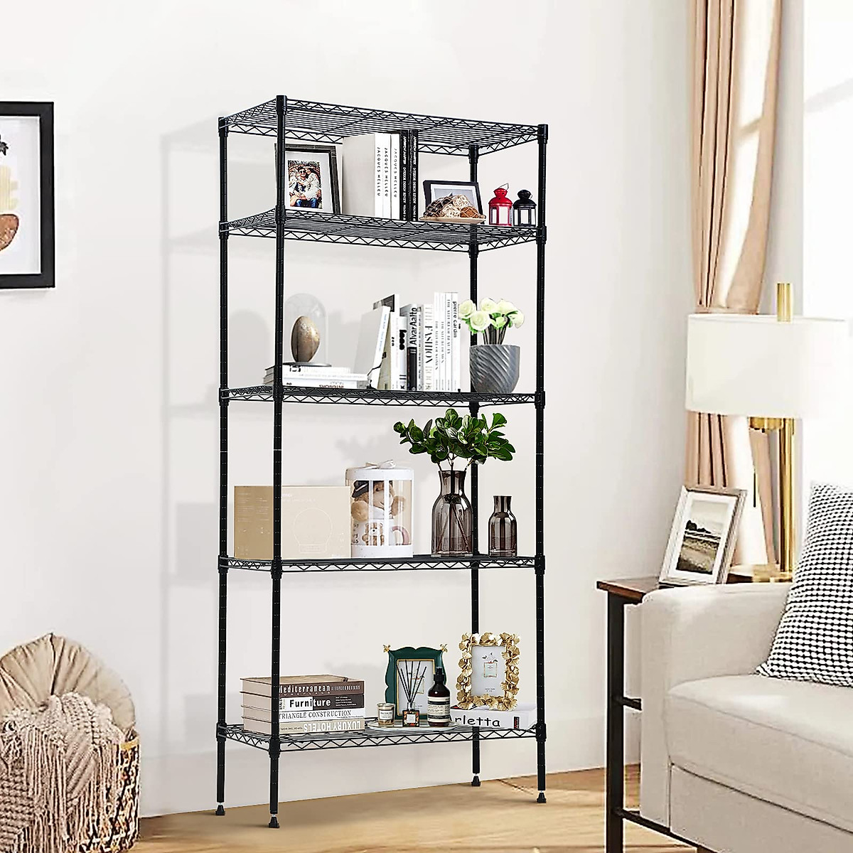 FLL Wire Shelving Unit 5-Tier NSF-Certified Heavy Duty Commercial Grade Metal Storage Shelves, 14" D x 24" L x 60" H Adjustable Wire Rack Shelving for Bathroom Kitchen Pantry Closet (Black)
