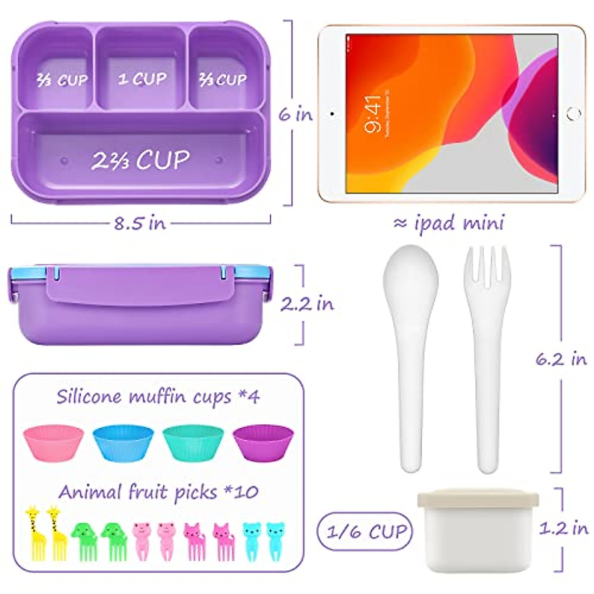 QQKO Bento Lunch Box for Kids Girls Boys, Toddler Kids Lunch Boxes for School, Lunch Containers for Adults Kids with 4 Compartments, Sauce Container, Utensils, Food Picks and Muffin Cups, Purple