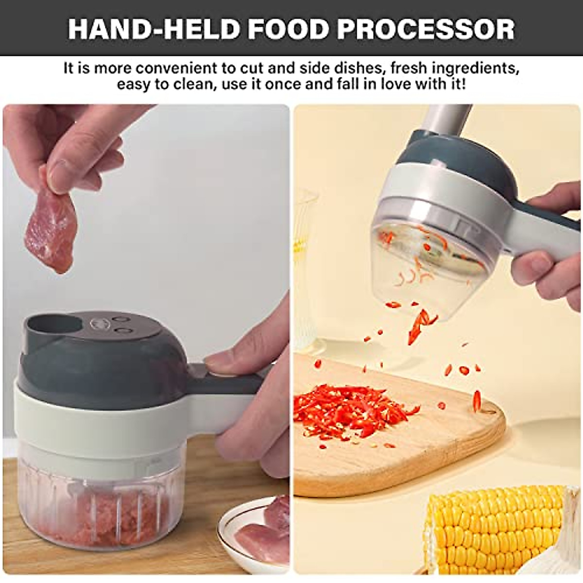 Arigold 3SPEEDS 4 in 1 Vegetable Chopper: Cordless Mini Chopper, cabbage Dicer, meat grinder, Vegetable cutter. Comes with Egg and Cream Beater - Vegetable Slicer Dicer, home & kitchen. (Grey)