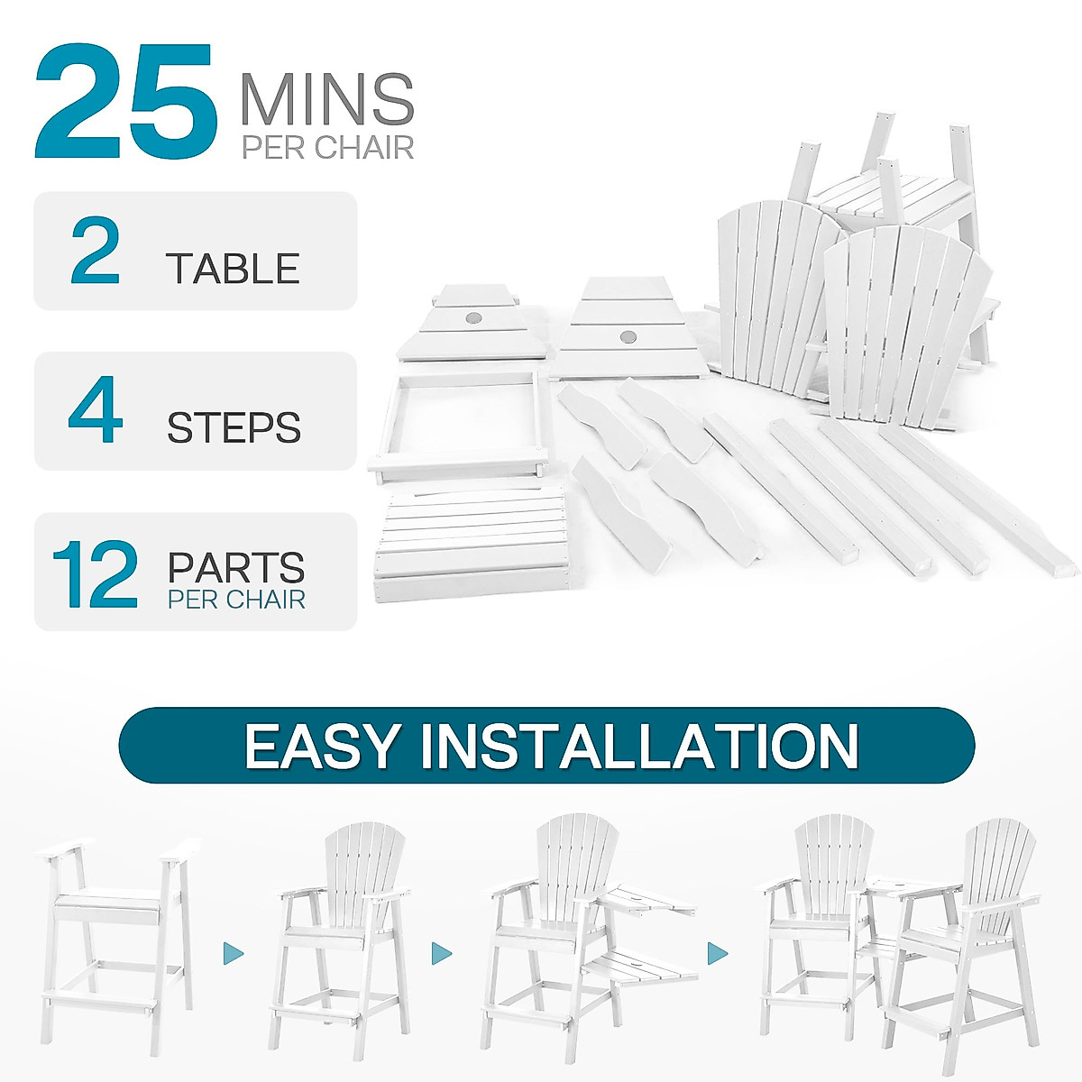 NAVINE Tall Adirondack Chairs Set of 2, HDPE Balcony Chair with Double Connecting Tray, Weather Resistant Outdoor Adirondack Bar Stools for Patio, Deck, Patio, Backyard, Balcony.(White)