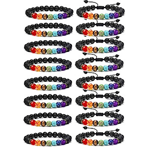 SAMOCO 16Pcs Men Women 8mm Lava Rock 7 Chakras Aromatherapy Essential Oil Diffuser Bracelet Braided Rope Natural Stone Yoga Beads Bracelet Bangle
