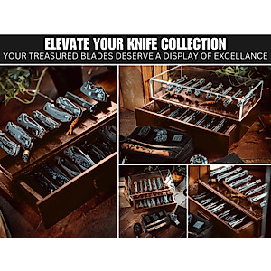 Pocket Knife Display Case for 16 Knives - Wooden Knife Collection Case Clear Cover - Two-Tier Knife Cases for Collections with a Removable Drawer Insert for Other EDC Items, EDC Case - Brown