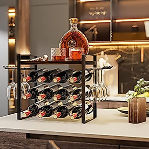 JAFUSI Wine Rack with Glass Holder, Countertop Wine Rack Metal Frame, Wine Holder Stand with Wooden Tray, Bottles Rack for Home Decor Kitchen Storage (Hold 12 Bottles and 4-6 Glasses)