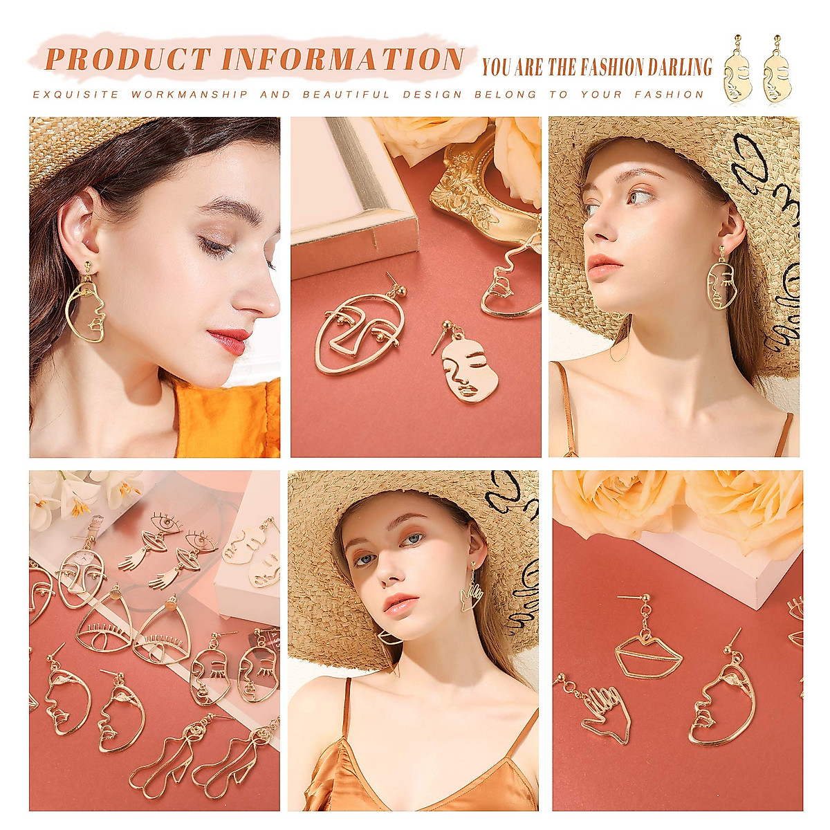 YADOCA 9 Pairs Face Hand Earrings for Women Hollow Statement Geometric Fun Abstract Art Earrings