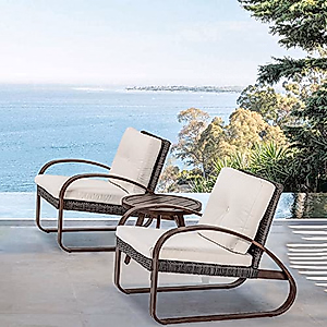 COSIEST 3-Piece Outdoor Patio Bisrto Set, PE Wicker Furniture Sets Aluminum Armchair Club Chairs w Off-White Thickened Cushions, Coffee Table for Garden, Pool, Backyard