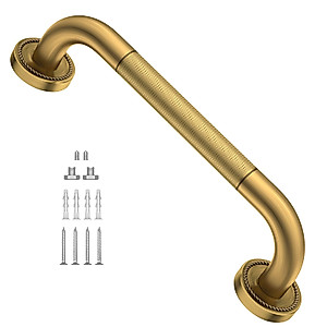 12 Inch Anti Slip Bronze Shower Grab Bar Polished Gold,ZUEXT Antique Brass Bathroom Grab Bar, Knurled Bathroom Balance Bar,Safety Hand Rail Support,Handicap Elderly Injury Senior Assist Bath Handle