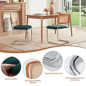 Farini Kitchen Dining Chairs Set of 2,Mid-Century Modern Chair Armless Mesh Backrest Cane Rattan Chairs for Home Dining Room(Dark Green,Teddy Velvet)
