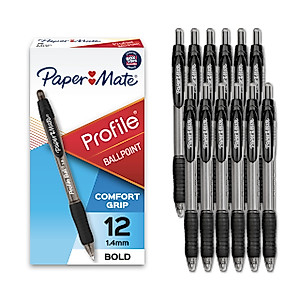 Paper Mate Profile Retractable Ballpoint Pens, Bold Point (1.4mm), Black, 12 Count