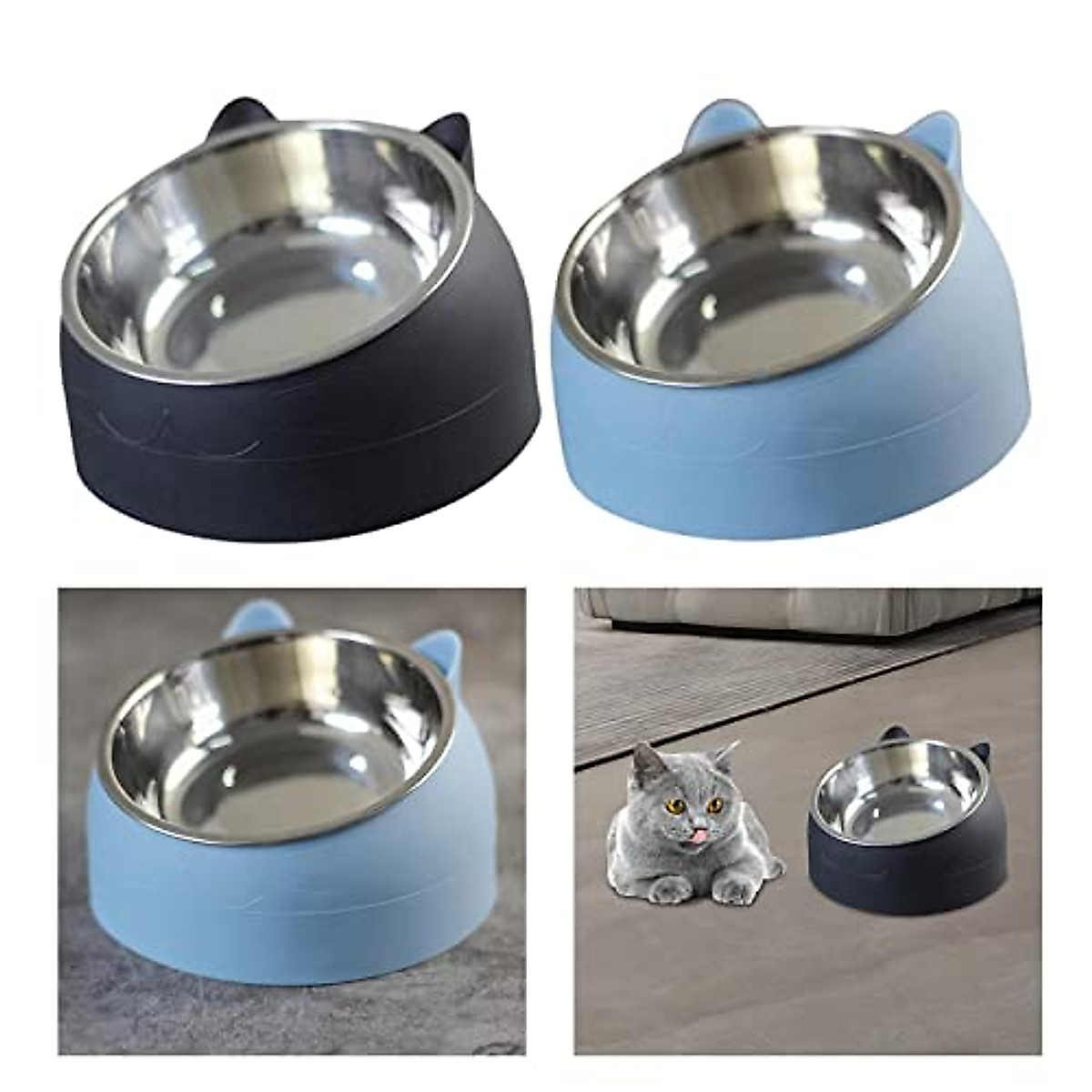 Baoblaze 2X Metal Raised Puppy Cat Dog Bowls Tilted Elevated Water Food Feeder Small Dogs Cats Pet Feeder , Blue Black