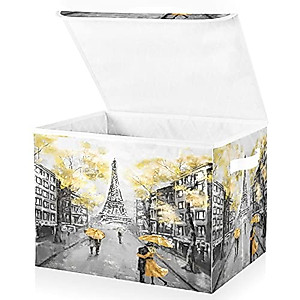 Krafig Modern Art Eiffel Tower Yellow Foldable Storage Box Large Cube Organizer Bins Containers Baskets with Lids Handles for Closet Organization, Shelves, Clothes, Toys