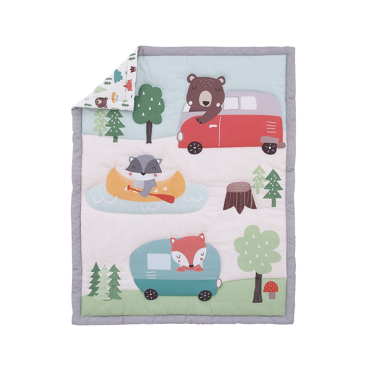 NoJo 3 Piece Mini Crib Bedding Set, Retro Happy Camper, Green/Aqua/Orange/Grey , 24x38x5 Inch (Pack of 1)