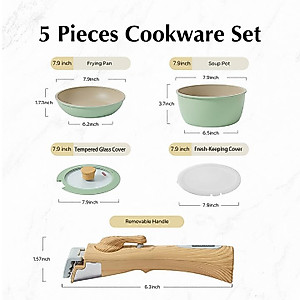Nonstick Cookware Sets, Ceramic Pots and Pans Set with Detachable Handle, 5 Piece Non Stick Kitchen Cooking Sets, RV Cookware Set for Induction Stoves Dishwasher Oven Safe, PTFE PFOA PFAS Free, Green