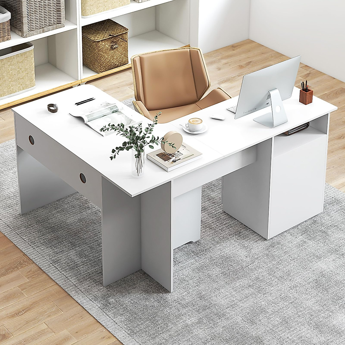 Tangkula L-Shaped Desk with 2 Storage Drawers, 59” Corner Computer Desk with File Drawer & Open Shelf, Computer Workstation with 2 Cable Management Holes, Space-Saving Executive Office Desk (White)