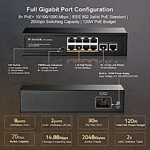 MokerLink 10 Port Gigabit PoE Switch, 8 GE PoE+, 2 GE Uplink, 10/100/1000Mbps, 120W 802.3af/at PoE, Fanless Plug & Play Ethernet Switch