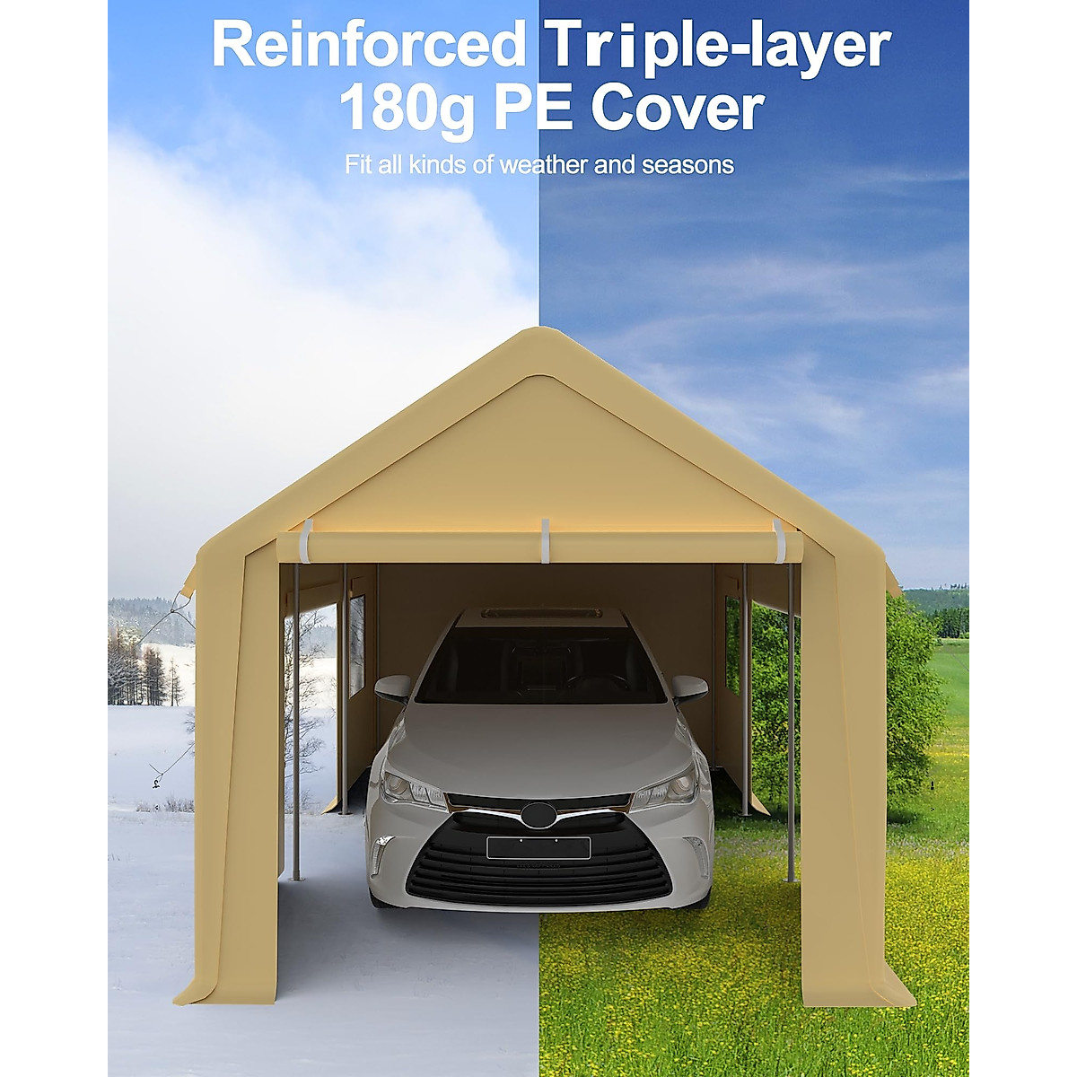 DEXSO Carport 10'x20' Heavy Duty Canopy, 1.0 mm Steel Poles & 14 mil PE Tarp, with Front & Rear Doors, 2 Side Doors, and 4 Windows Screen, Portable Garage for Pickup Truck, and Boat, Khaki