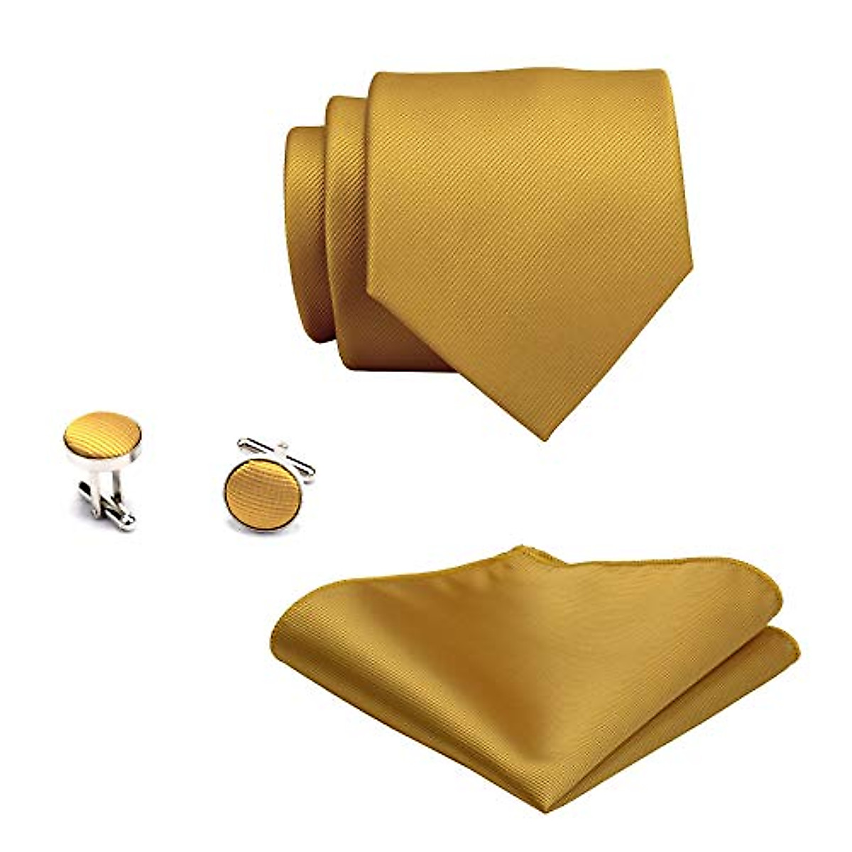 GUSLESON Brand Men's silk Solid Gold Yellow Tie Neckties and Pocket Square Cufflinks Sets (0789-11)