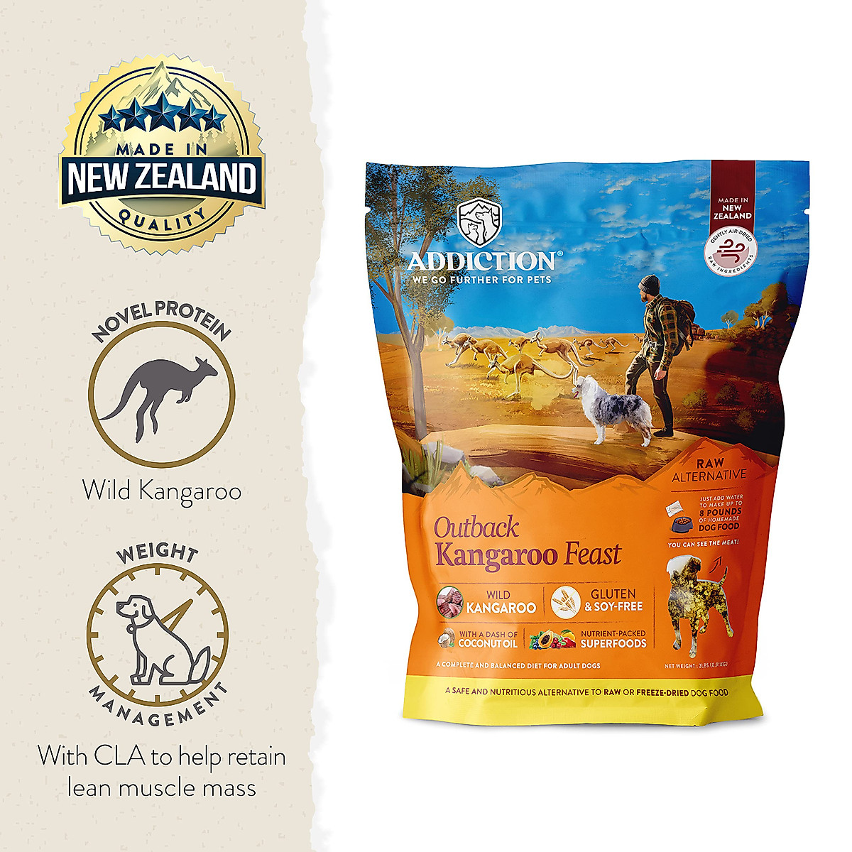 Addiction Outback Kangaroo Feast Raw Alternative Dog Food - Gently Air-Dried Complete Meal or Dog Food Topper for Digestive and Skin and Coat Health, 2 lb