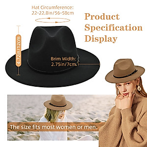 Women Classic Wide Brim Fedora Hat, 4 Pack Retro Panama Hat Wool Fedora Hat with Belt Buckle (Black+Army Green+Camel+Wine Red)