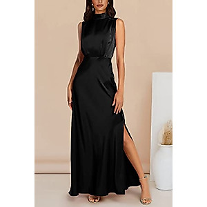PRETTYGARDEN Women's Long Formal Satin Dress Mock Neck Sleeveless Side Slit Flowy Maxi Tank Dresses (Black,Medium)