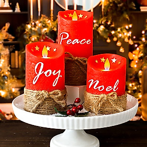 FLAVCHARM Holiday Flameless Candles, Peace Joy Noel with Rope Red LED Flickering Candles Battery Operated with Remote Control, Christmas Decoration for Home, Tablecenter, Bedroom, Bar Party