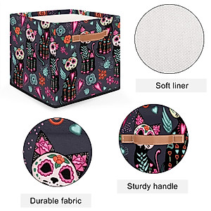 Storage Cube Bin Day Of The Dead Cats Halloween Flowers Large Storage Cube Basket 13×13In, Collapsible Storage Bin with Handles, Fabric Storage Box for Closet Shelves Nursery Toys Home Organization
