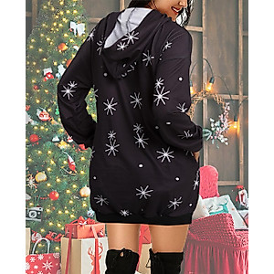 MNLYBABY Women's Christmas Hooded Sweatshirt Funny Santa Graphic Shirt Long Sleeve Pullover Tunic Hoodie Dress with Pockets Black