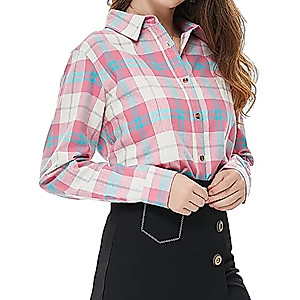 Beninos Women's Flannel Plaid Button Down Shirt Casual Blouses (4037 Pink, M)