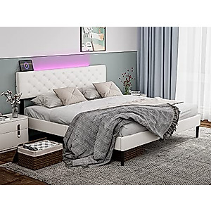IKIFLY California King Bed Frames with Adjustable Headboard, Modern Upholstered Cal King Platform Bed with LED Lights & 2 USB Ports, Strong Wood Slat Support, No Box Spring Needed - White