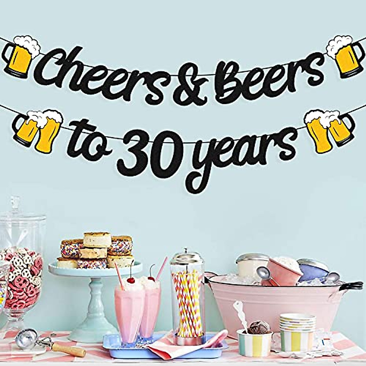 OKUSUN 30th Birthday Decorations Cheers to 30 Years 30s Birthday Banner for Men Women 30th Birthday Black Glitter Backdrop Wedding Anniversary Party Supplies Decorations Pre Strung