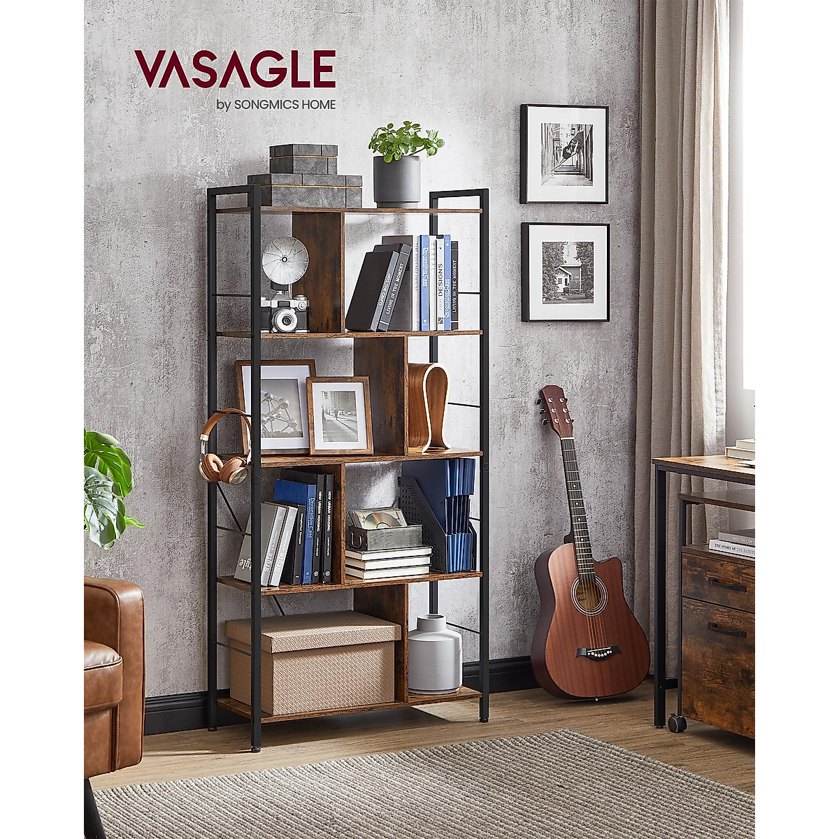 VASAGLE Bookshelf, 5-Tier Bookcase, Storage Shelving Unit, Display Shelf with Open Compartments for Living Room, Home Office, Bedroom, Industrial, Rustic Brown and Black ULBC121B01