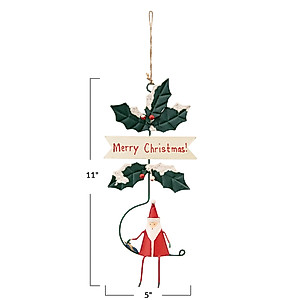 Creative Co-Op 5" L x 2" W x 11" H Hand-Painted Tin Santa on Branch w/Banner Merry Christmas Metal Ornaments, Multi