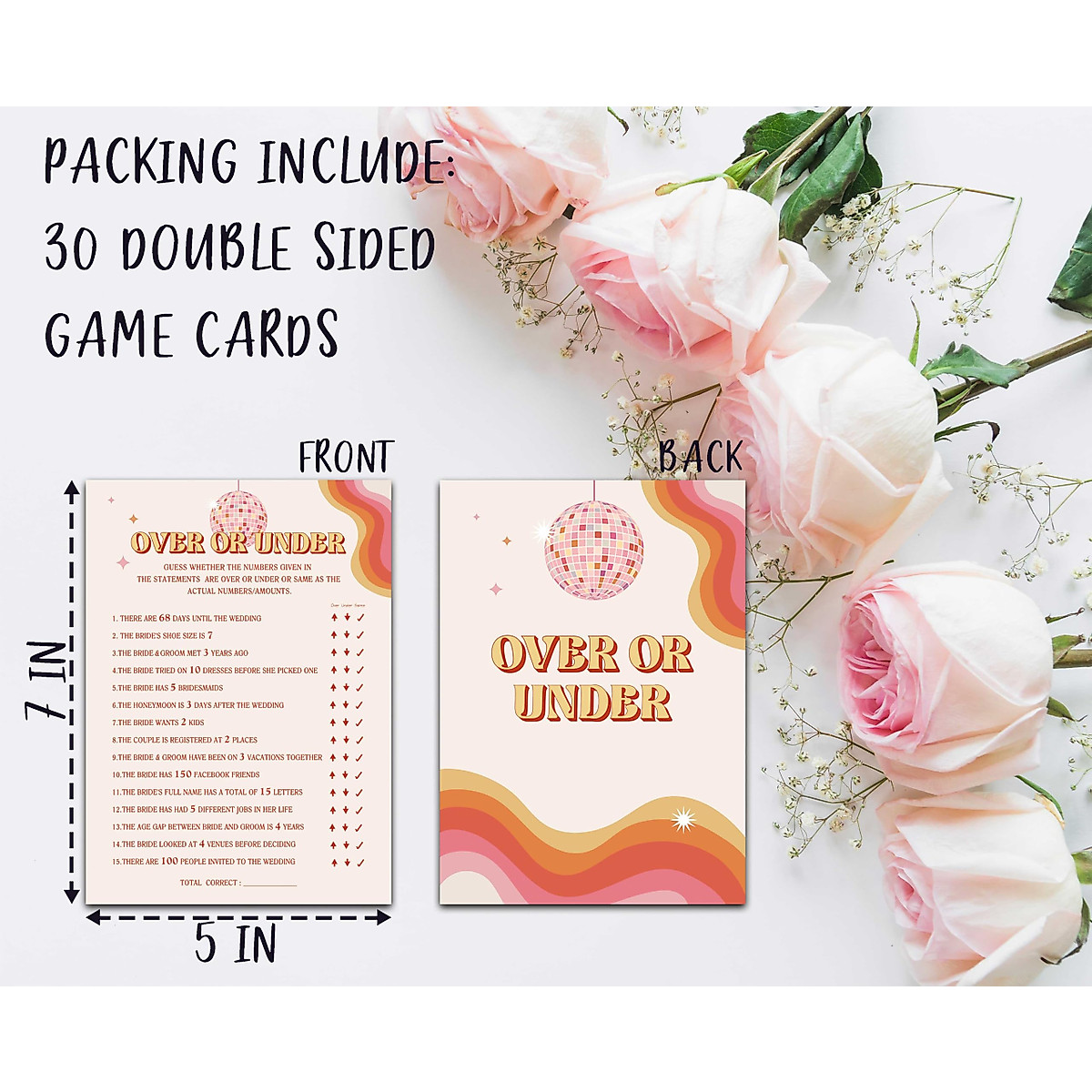 Disco Wedding Shower Games, Over Or Under Bridal Shower Games Cards, Retro Bachelorette Party Game Ideas, Engagement Party Supplies & Activity, Set of 30 Cards -B02