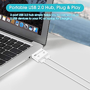 USB 2.0 Hub Adapter, USB Splitter Hub 2 Port USB Ultra Slim Data Hub for Device Charging(White)