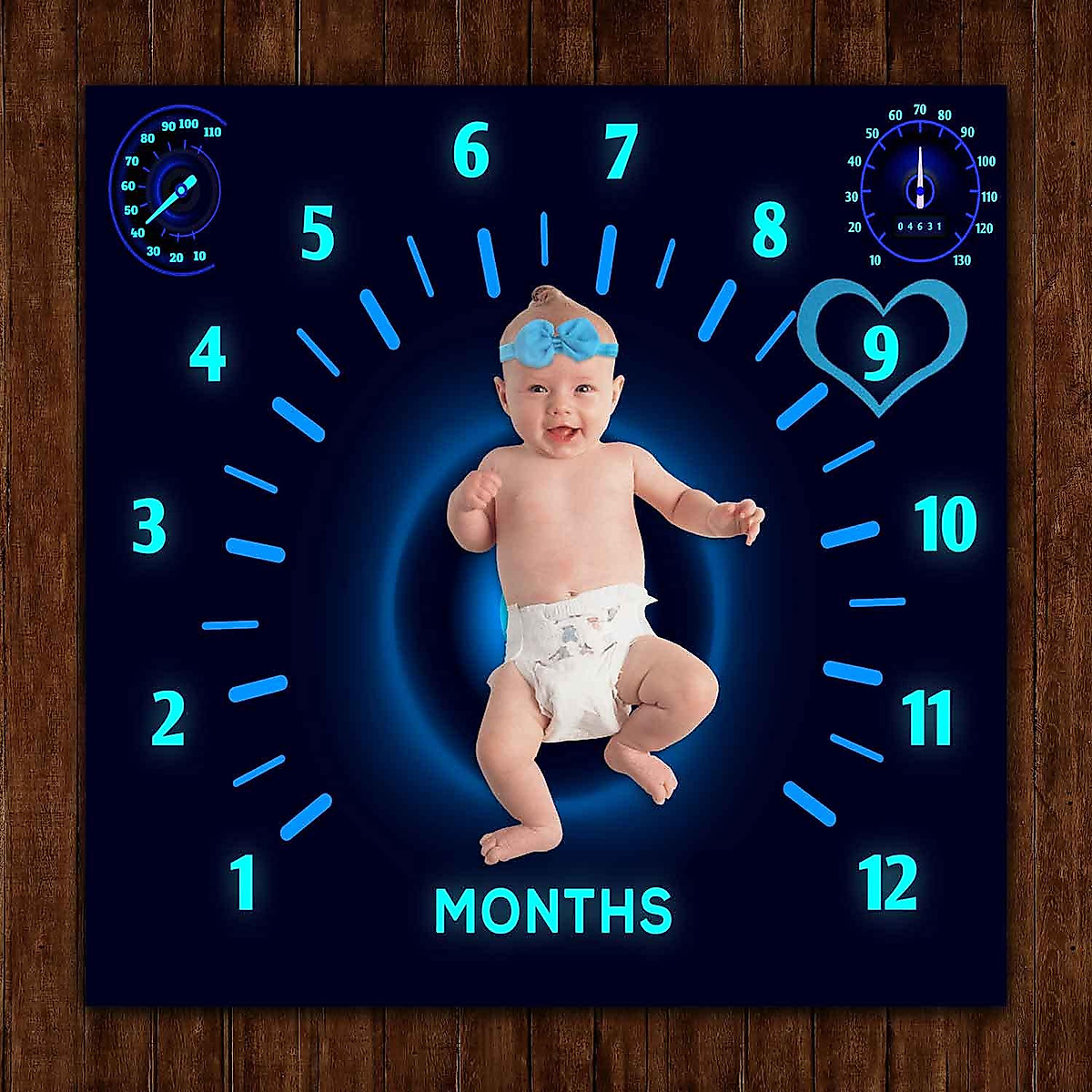 PHMOJEN Racing Car Theme Baby Monthly Milestone Blanket, Speed Table Speedometer Blue Black Background, Newborns 1 to 12 Months Unisex Include 4 Frames and 1 Headband 47"x47"BTWYPH41