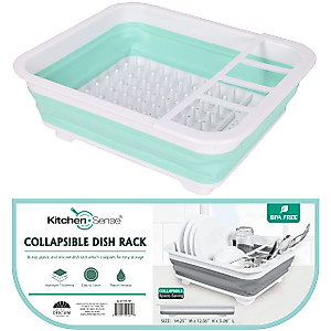 J&V TEXTILES Collapsible Dish Drying Rack - Popup for Easy Storage, Drain Water Directly into The Sink, Room for Eight Large Plates, Sectional Cutlery and Utensil Compartment, Compact (Blue)