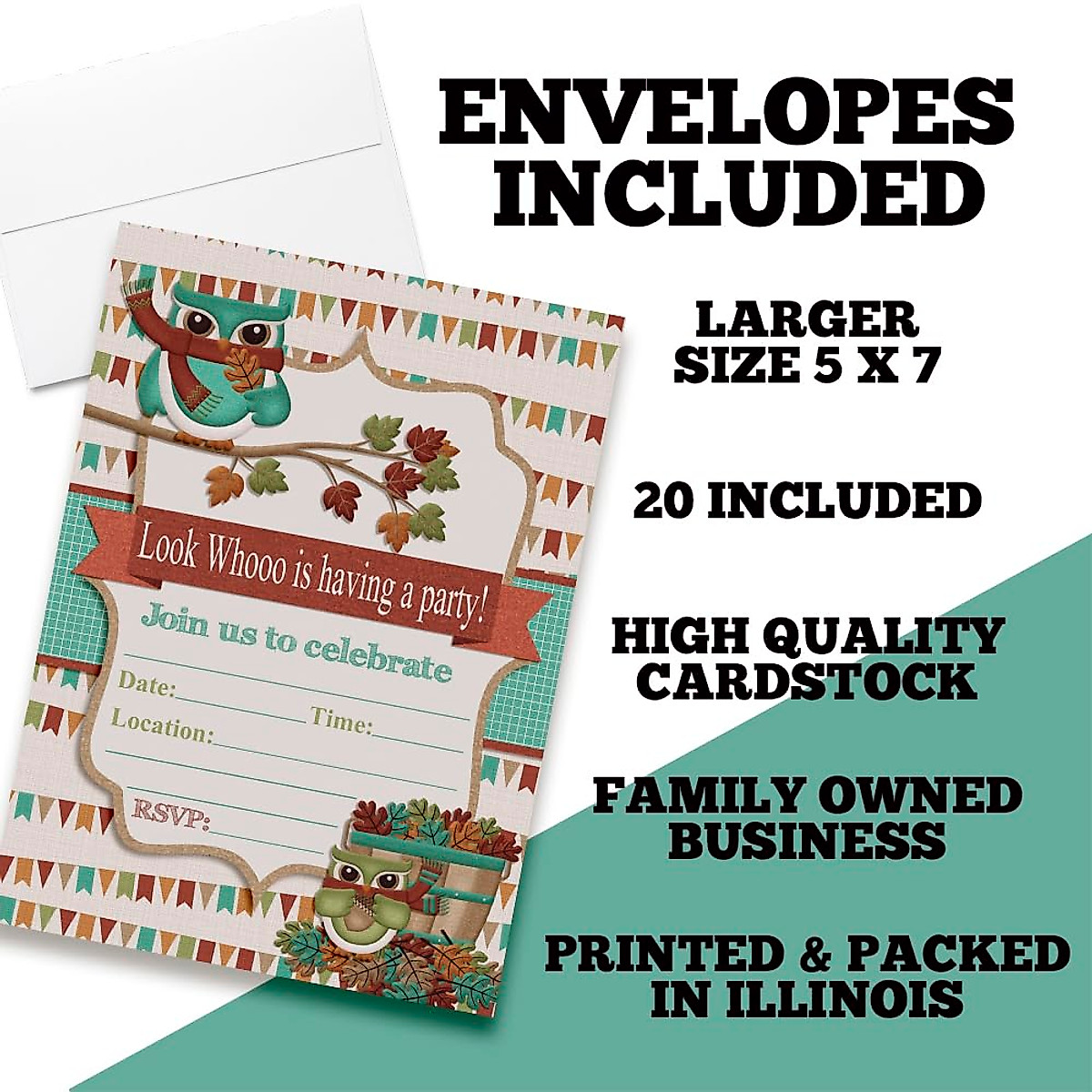 Look Who Fall Owl Themed Fill In Birthday Party Invitations, 20 5x7 Fill In Cards with Twenty White Envelopes by AmandaCreation